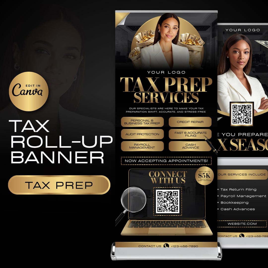 Black & Gold Tax Prep Roll-up Banners, Tax Retractable Template ...