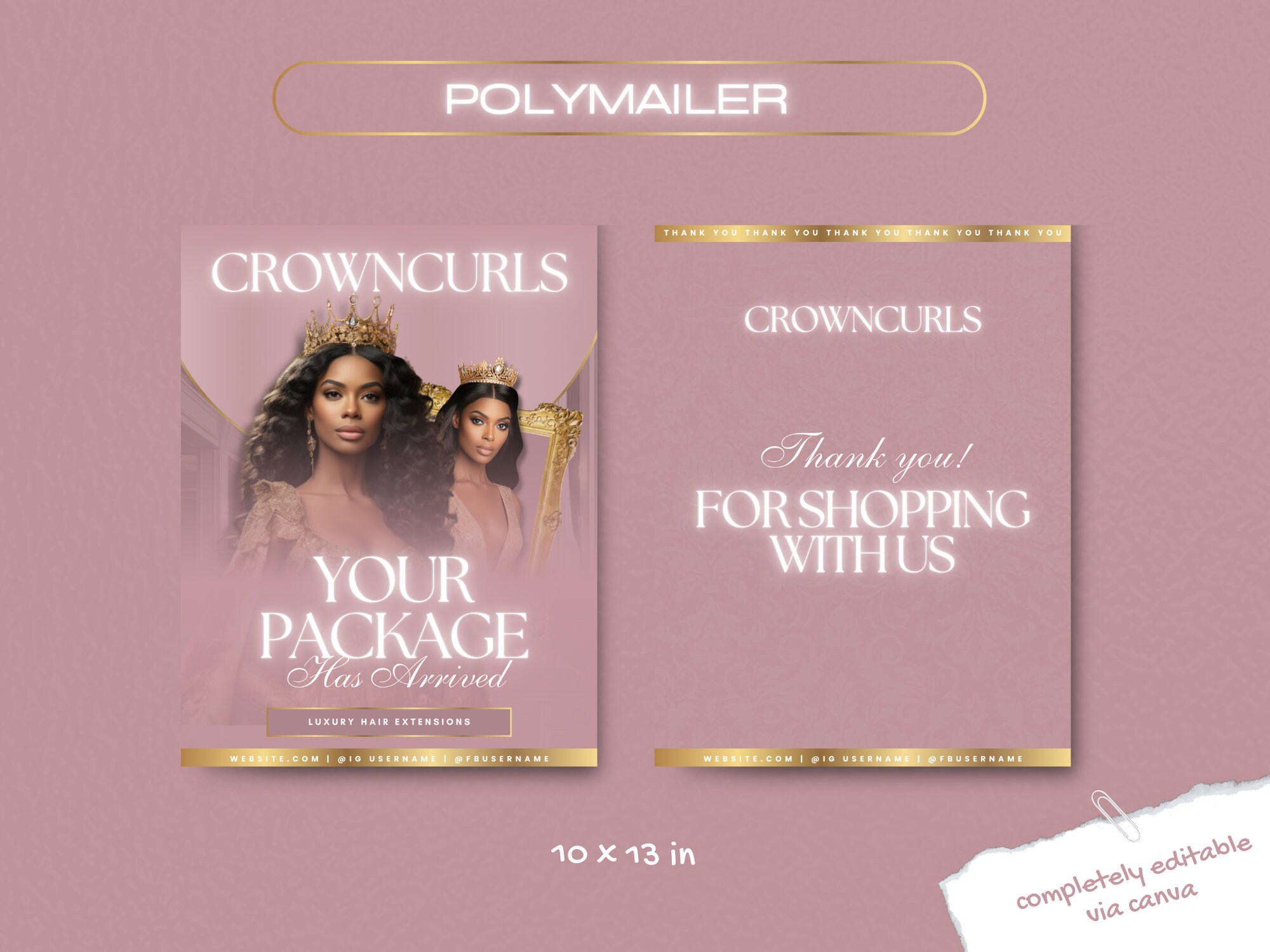 Wig Polymailer Box Design Lace Front & Bundles Box Packaging Design DIY Editable in Canva ...