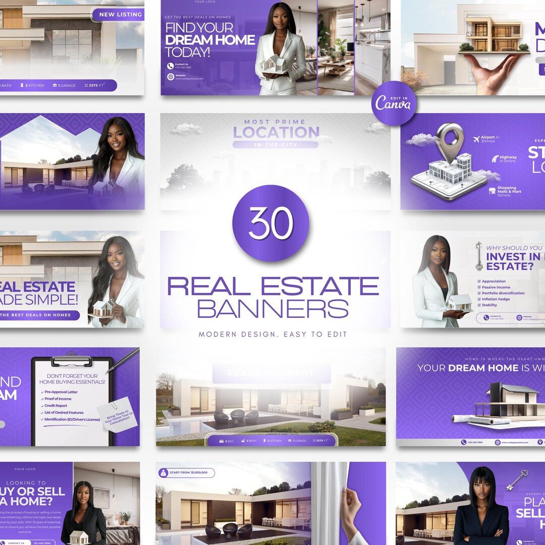 Real Estate Marketing Banner Kit, 30 Editable Canva Realtor Banners ...