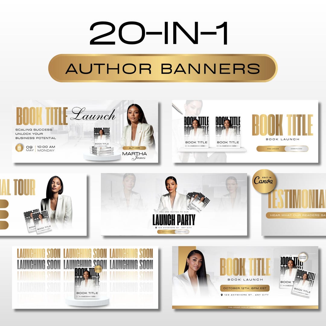 20-in-1 Author Launch Banners, Editable Canva Templates, White and Gold ...
