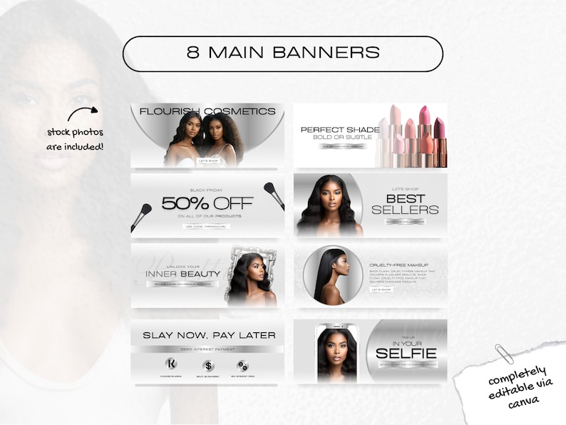Cosmetics Website Banners, Silver Black Beauty Branding Kit (canva ...