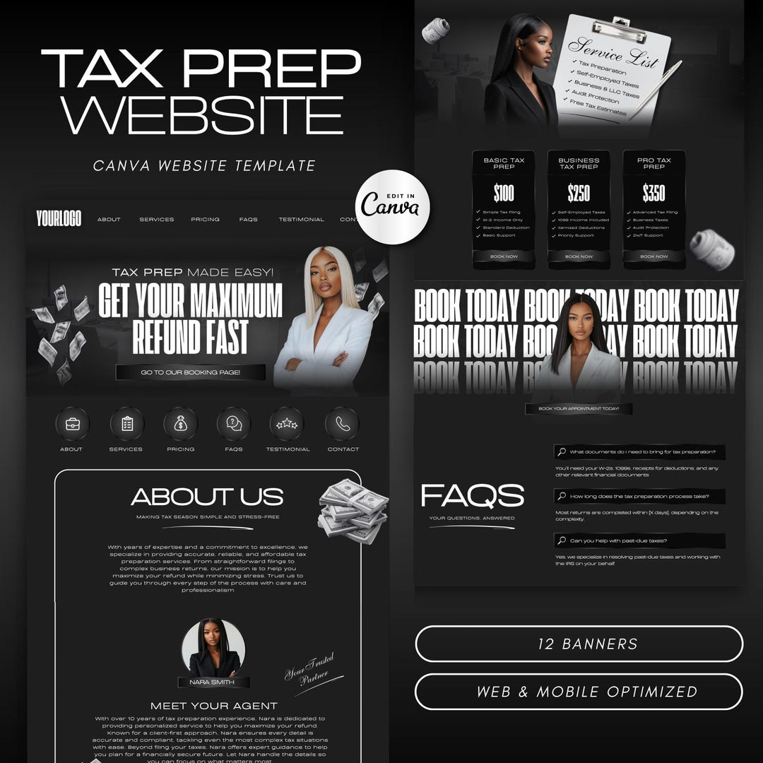 Tax Prep Website Template | Editable Canva Design for Tax Professionals ...