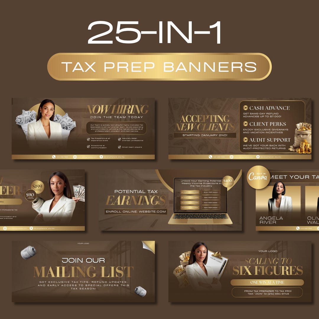 Tax Prep Banners - Brown & Gold Canva Templates, Accountant Marketing ...
