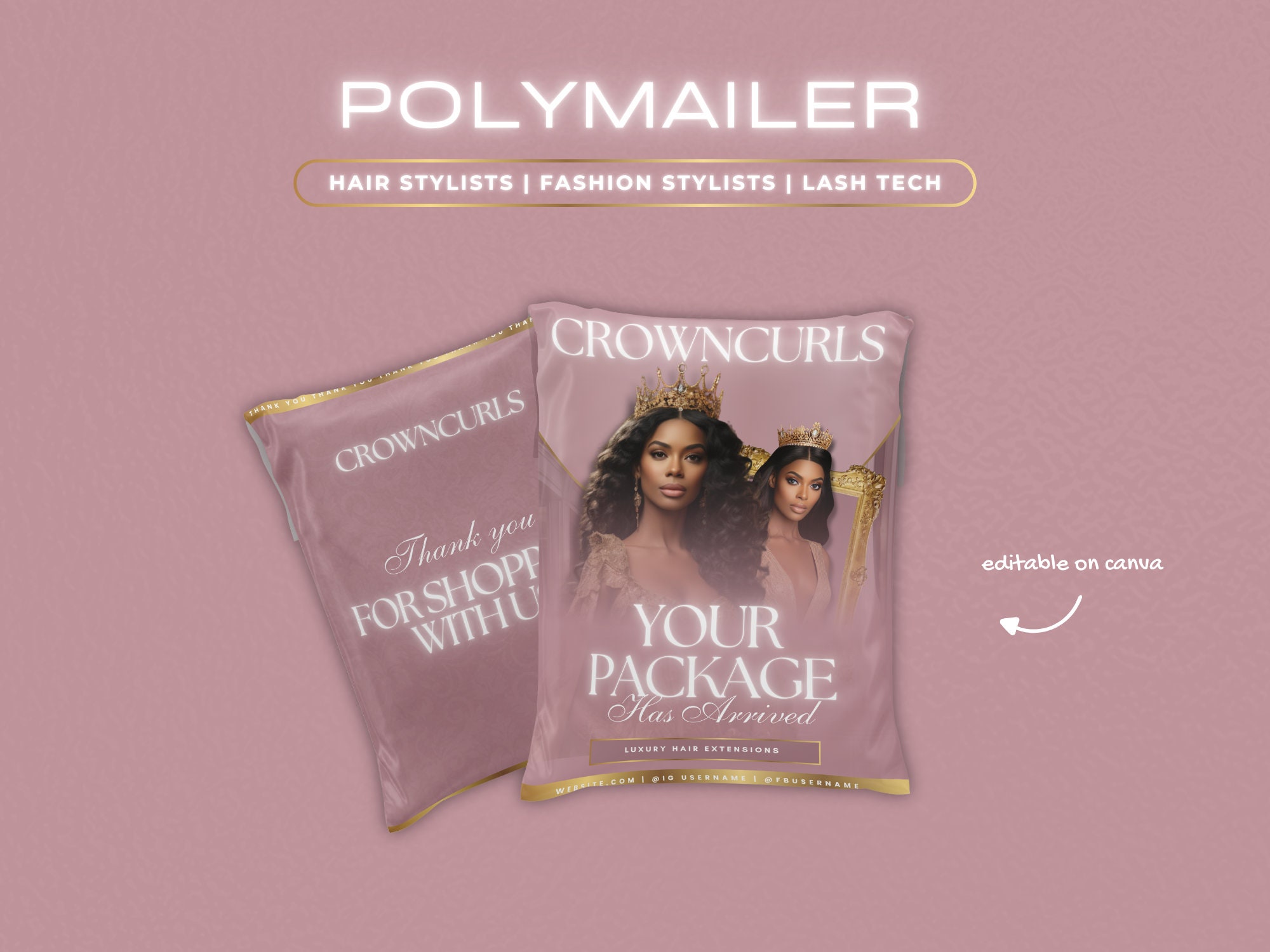 Wig Polymailer Box Design Lace Front & Bundles Box Packaging Design DIY Editable in Canva ...