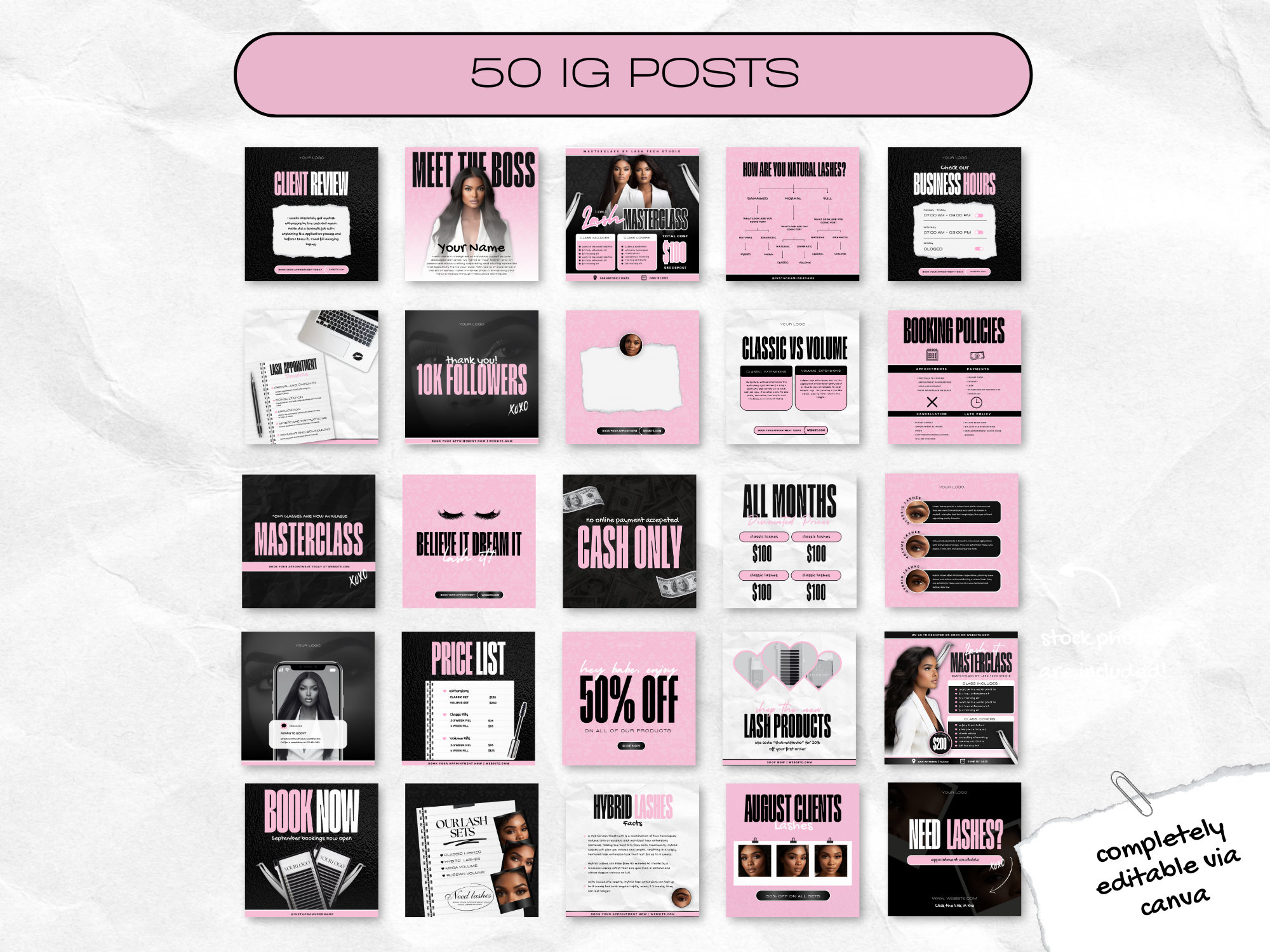 50 Lash Tech Templates IG Posts Branding Kit Lash Extensions Social ...