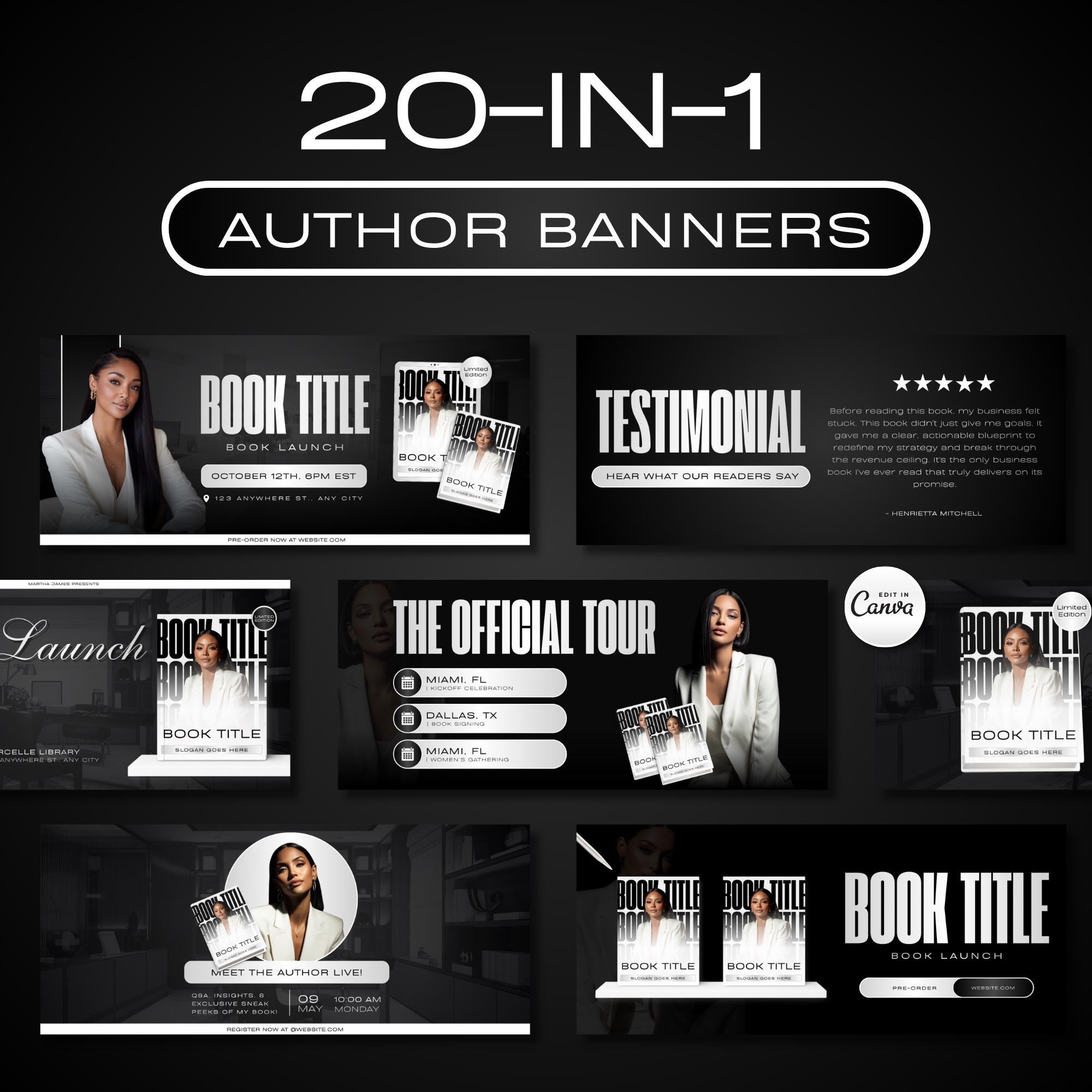 20-in-1 Editable Author Launch Banners | Customizable Canva Templates ...