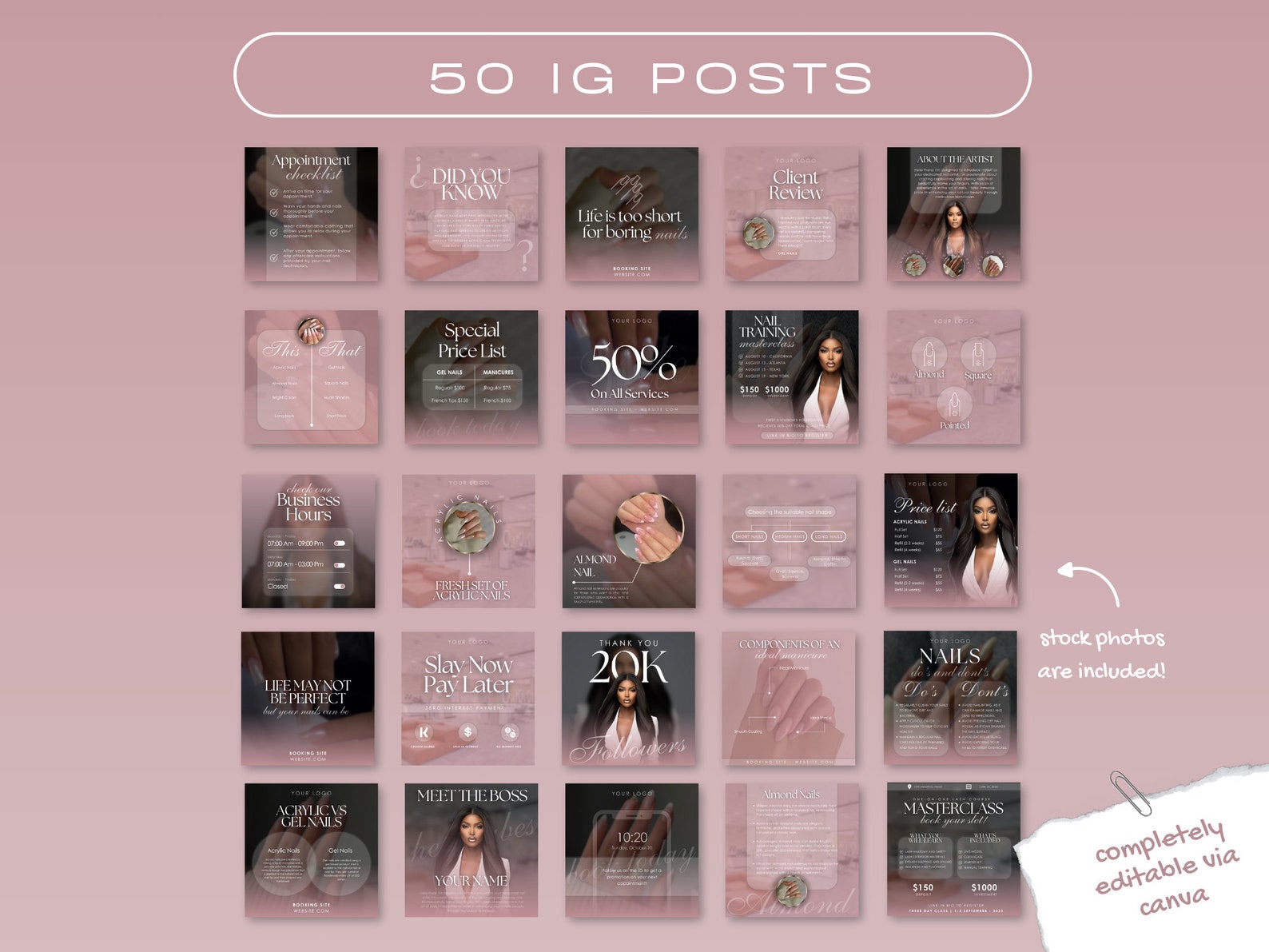50 Nail Tech Templates | IG Posts | Branding Kit | Extensions Social ...