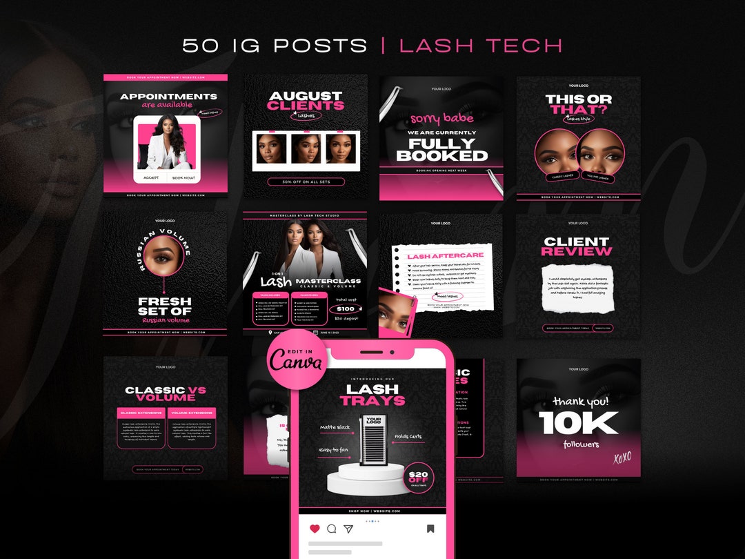 50 Lash Tech Templates | IG Posts | Branding Kit | Lash Extensions ...