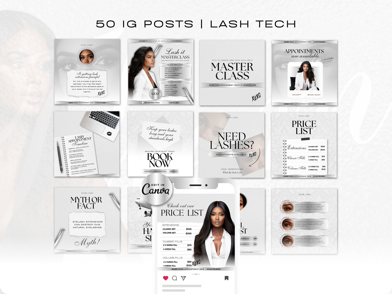 50 Lash Tech Templates IG Posts Branding Kit Extensions Social Media ...