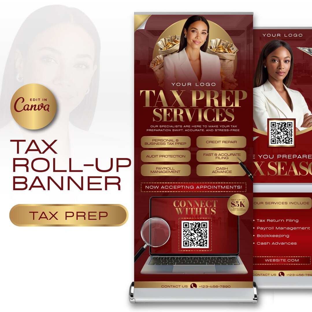 Red and Gold Tax Prep Roll-up Banners, Retractable Banners Editable Tax ...