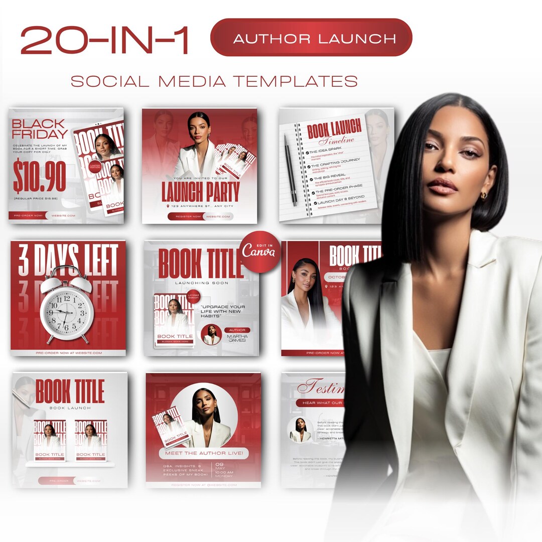 20-in-1 Author Launch Social Media Kit, Burgundy Red Templates, Book ...