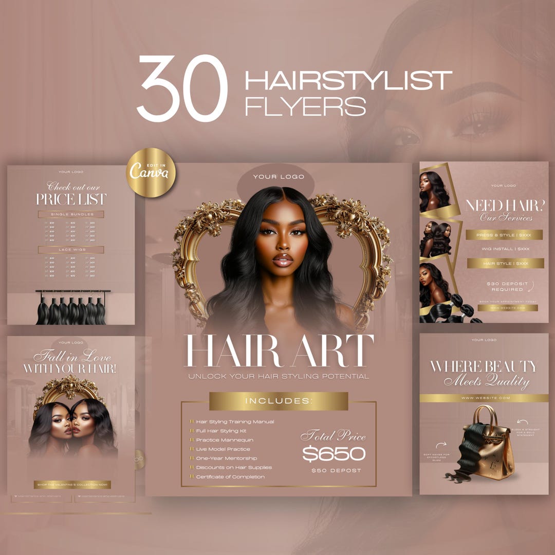 30 Luxury Hairstylist Flyers, Hair Extension Templates, Editable Canva ...