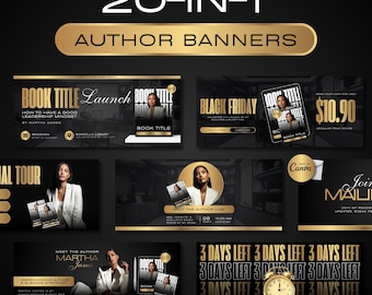 Author Launch Banners, 20-in-1 Canva Templates, Luxury Black and Gold ...