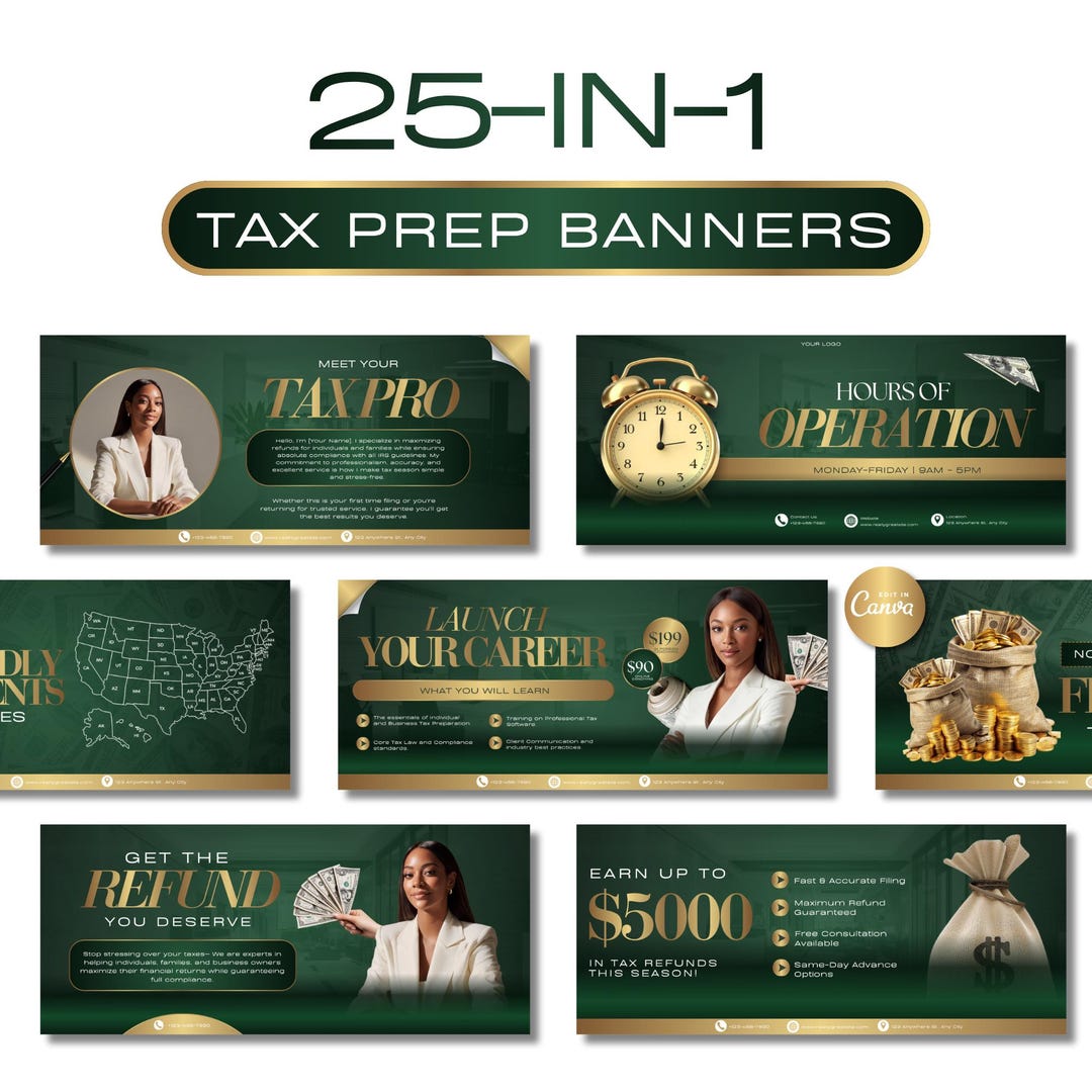 Tax Prep Banners - 25-in-1 Canva Templates for Tax Professionals, Green ...