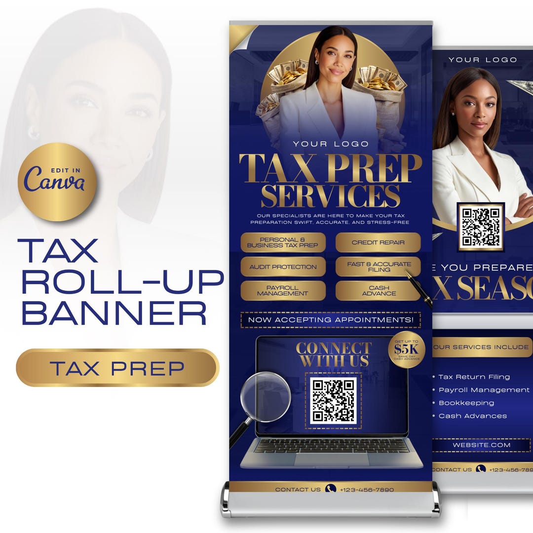 Tax Prep Roll-up Banner, Blue and Gold Design, Canva Template, Tax ...