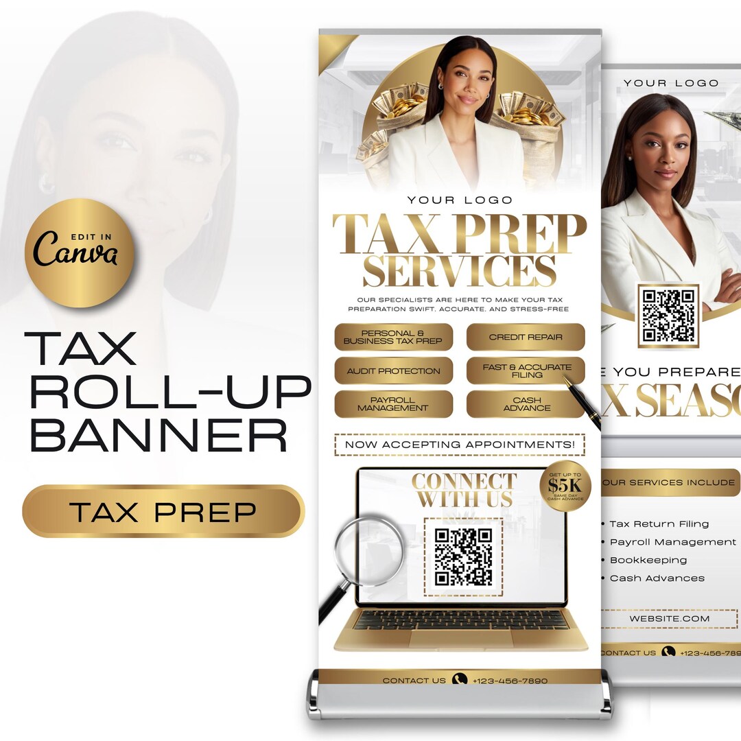 Tax Prep Roll up Banners, White and Gold Tax Retractable Banners, Canva ...