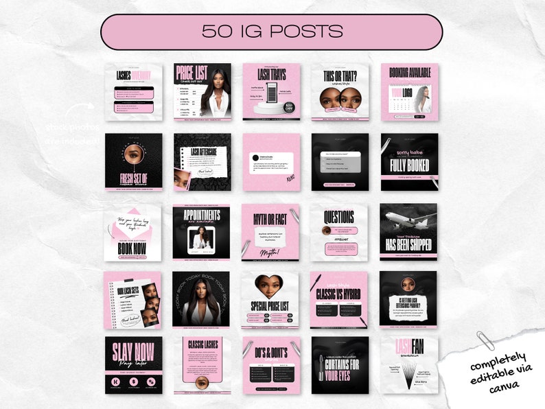 50 Lash Tech Templates IG Posts Branding Kit Lash Extensions Social ...