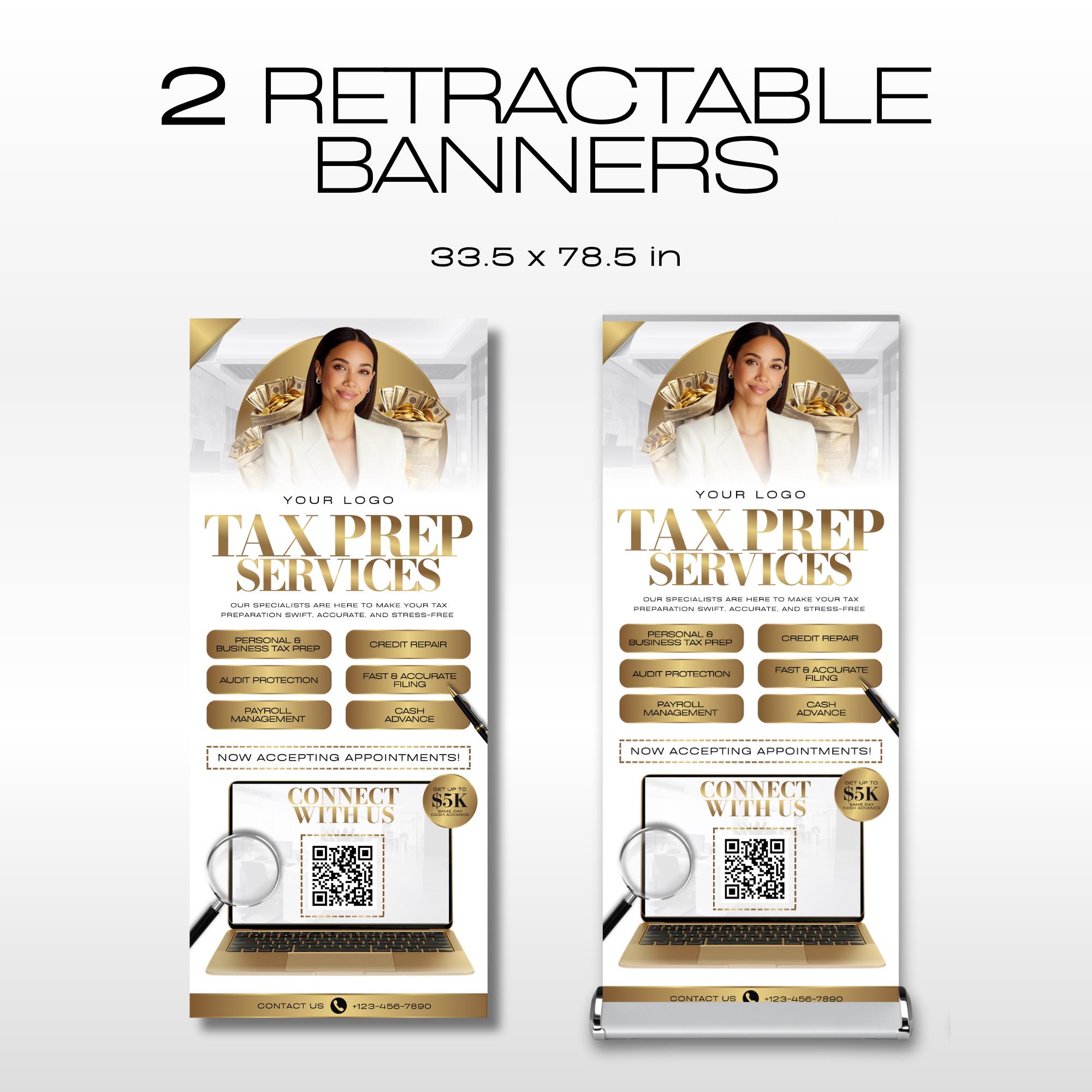 Tax Prep Roll up Banners, White and Gold Tax Retractable Banners, Canva ...