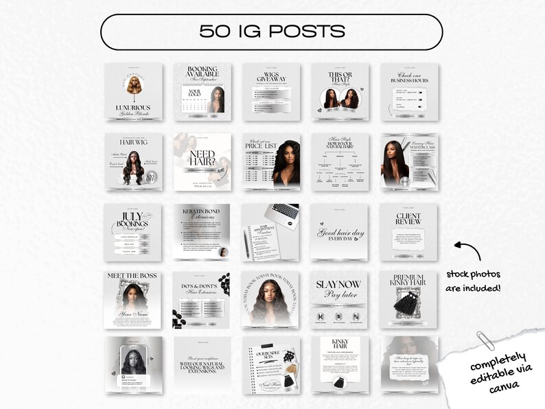 Hair Stylist Instagram Post Templates: Black & White Branding (50 Canva ...