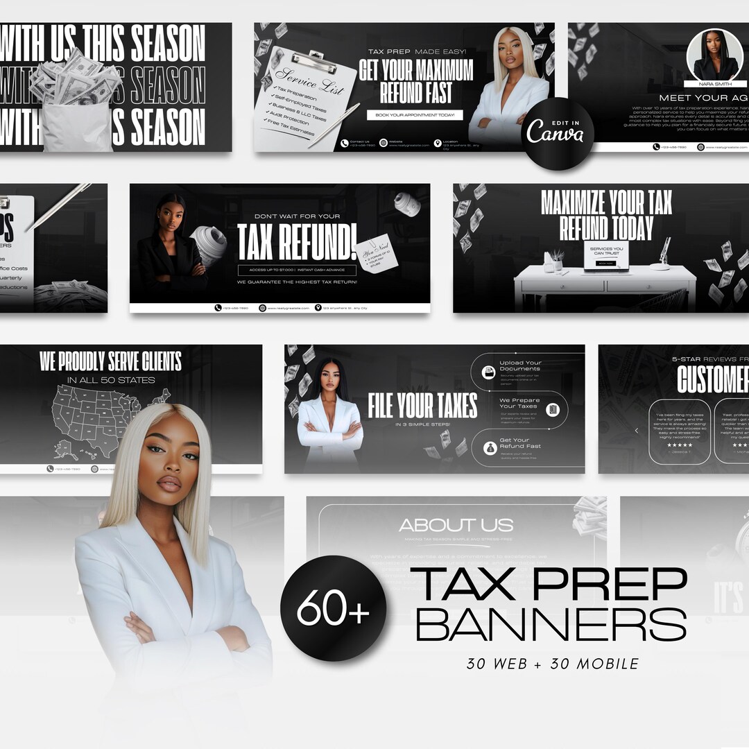60 Tax Prep Banners Template, Accountant Website Canva Editable Designs ...