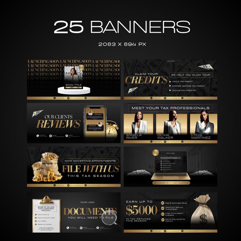 Tax Prep Banner, Luxury Tax Season Website Banners, Canva Template Kit ...