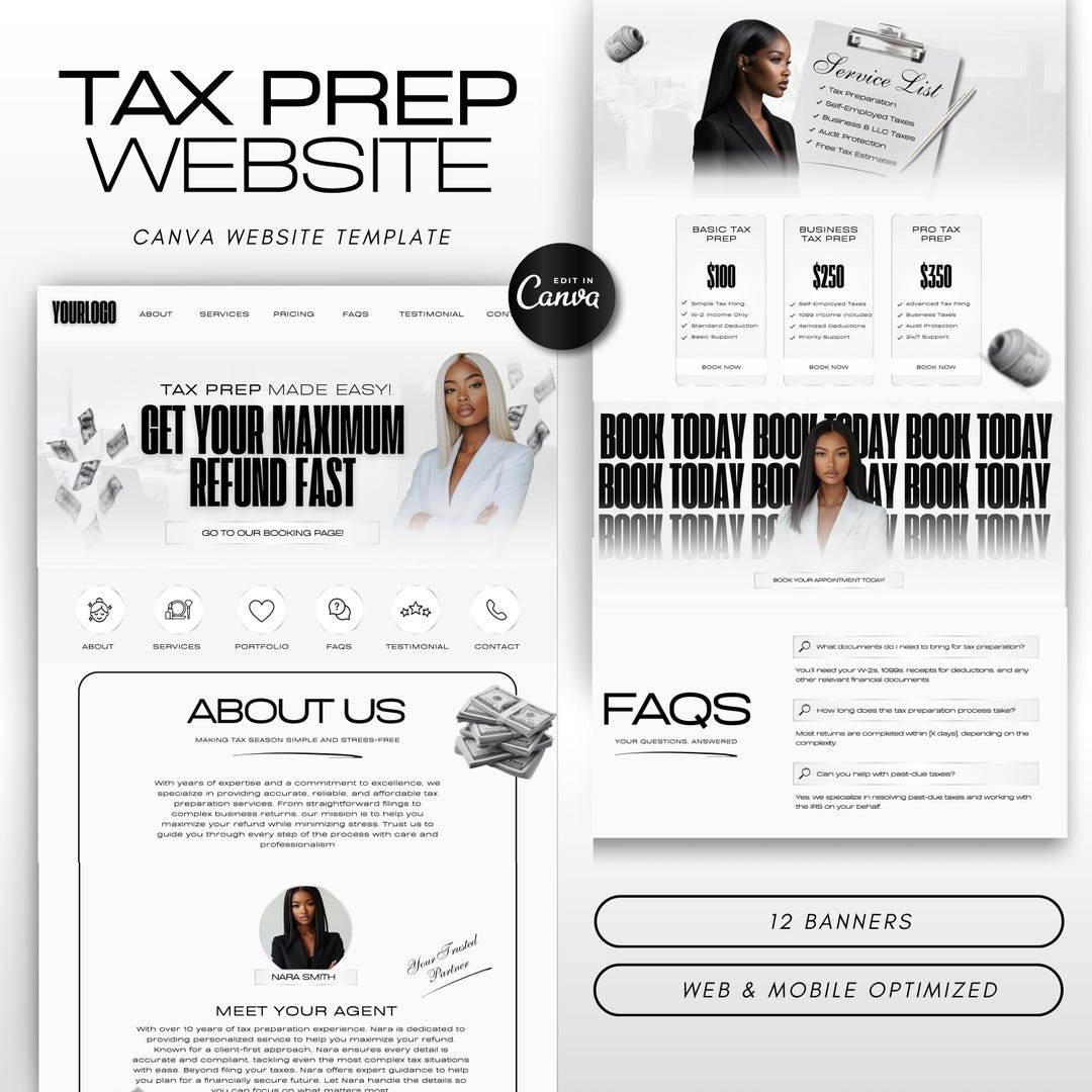 Tax Prep Website Template, Canva Template, Tax Preparation, Web ...