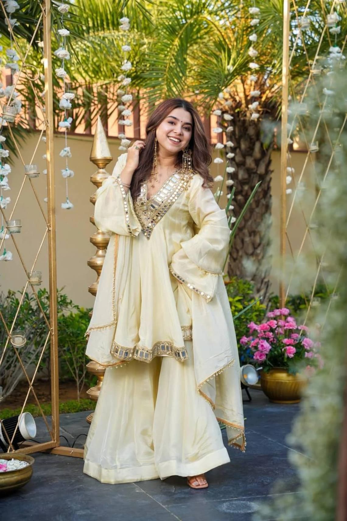 Real Mirror Work Sharara Suit | Cosmos Gold Jari Silk Anarkali Set ...