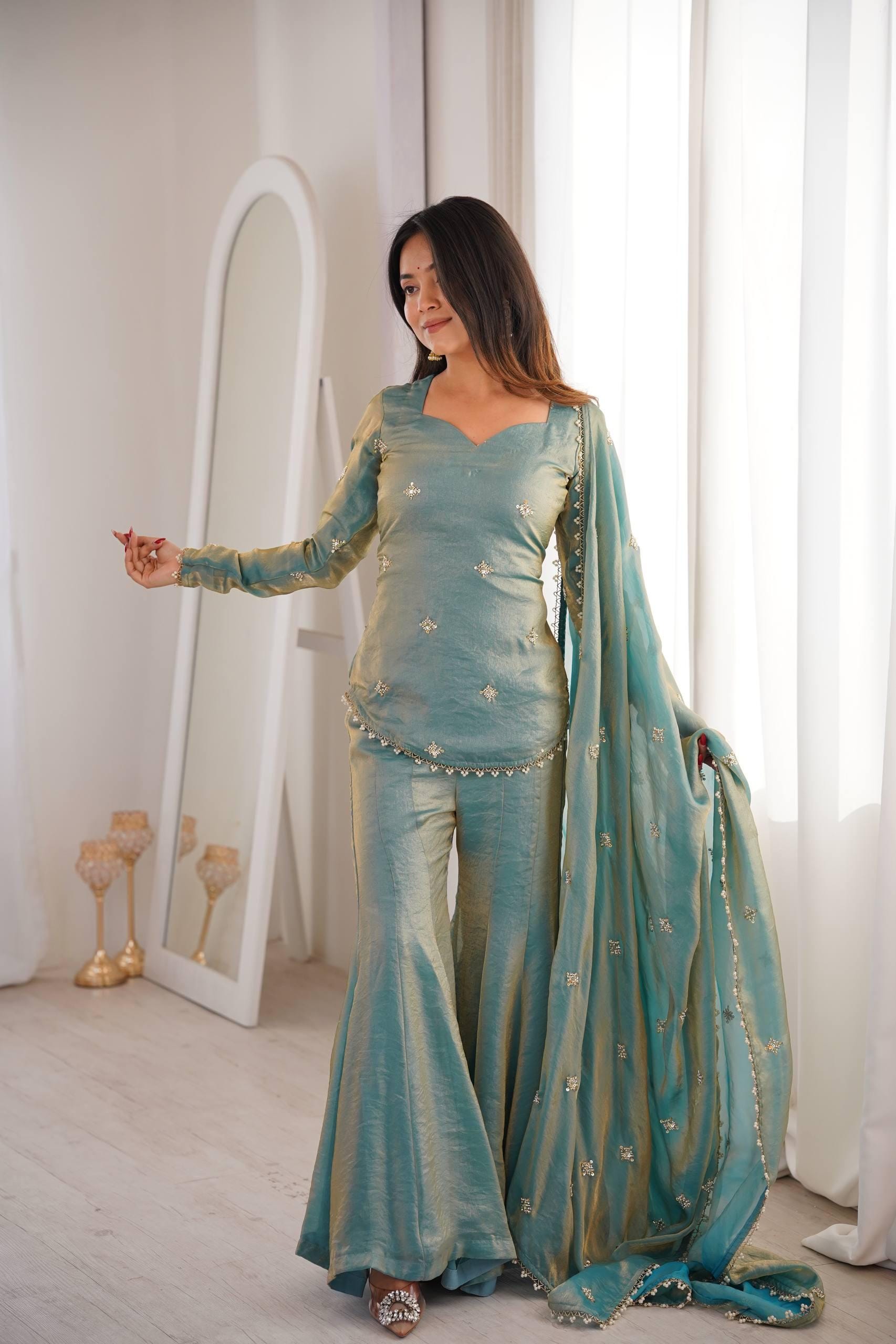 Embroidered Fendy Silk Sharara Suit, Indian Palazzo Set - Etsy