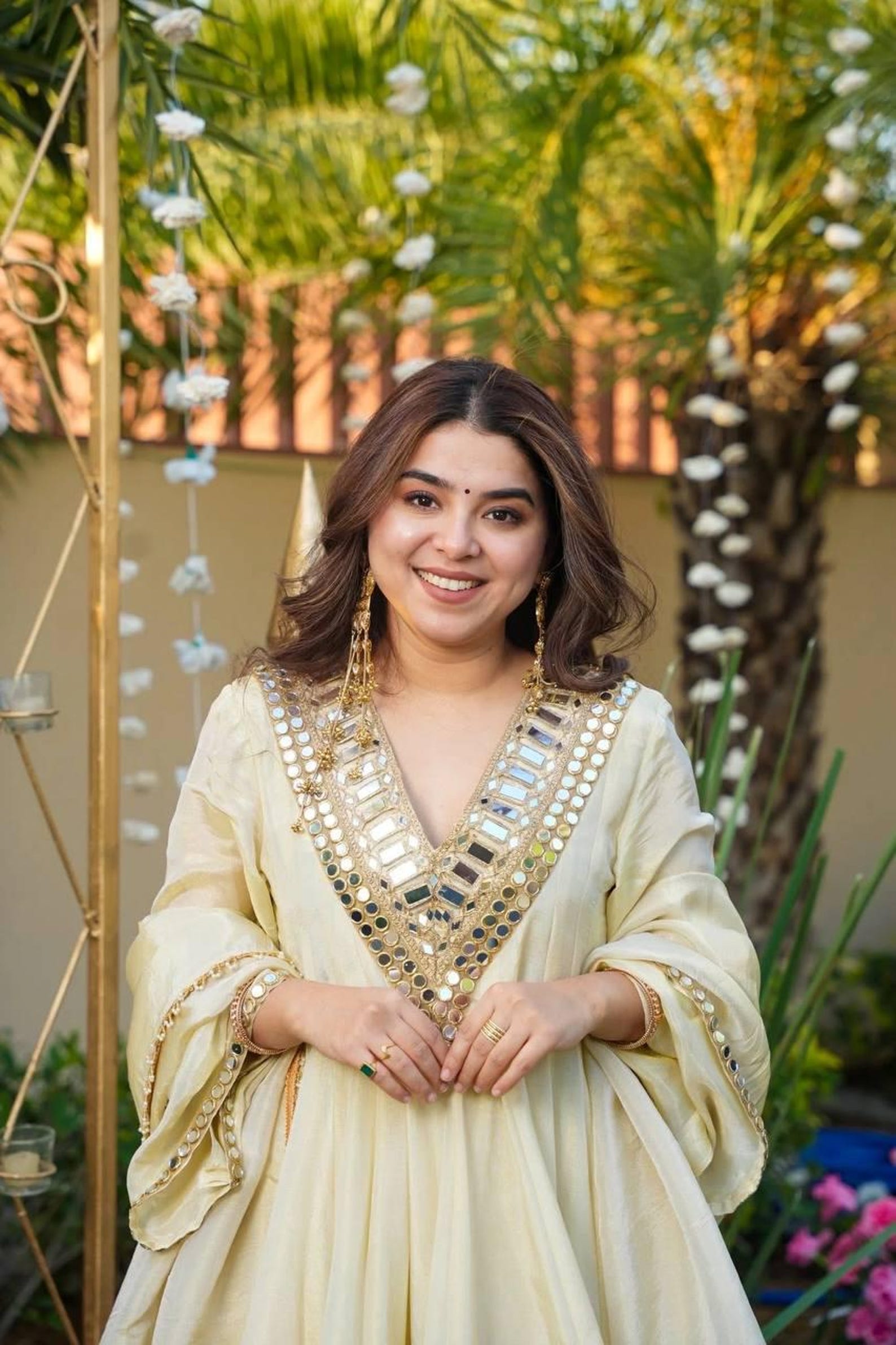Real Mirror Work Sharara Suit | Cosmos Gold Jari Silk Anarkali Set ...