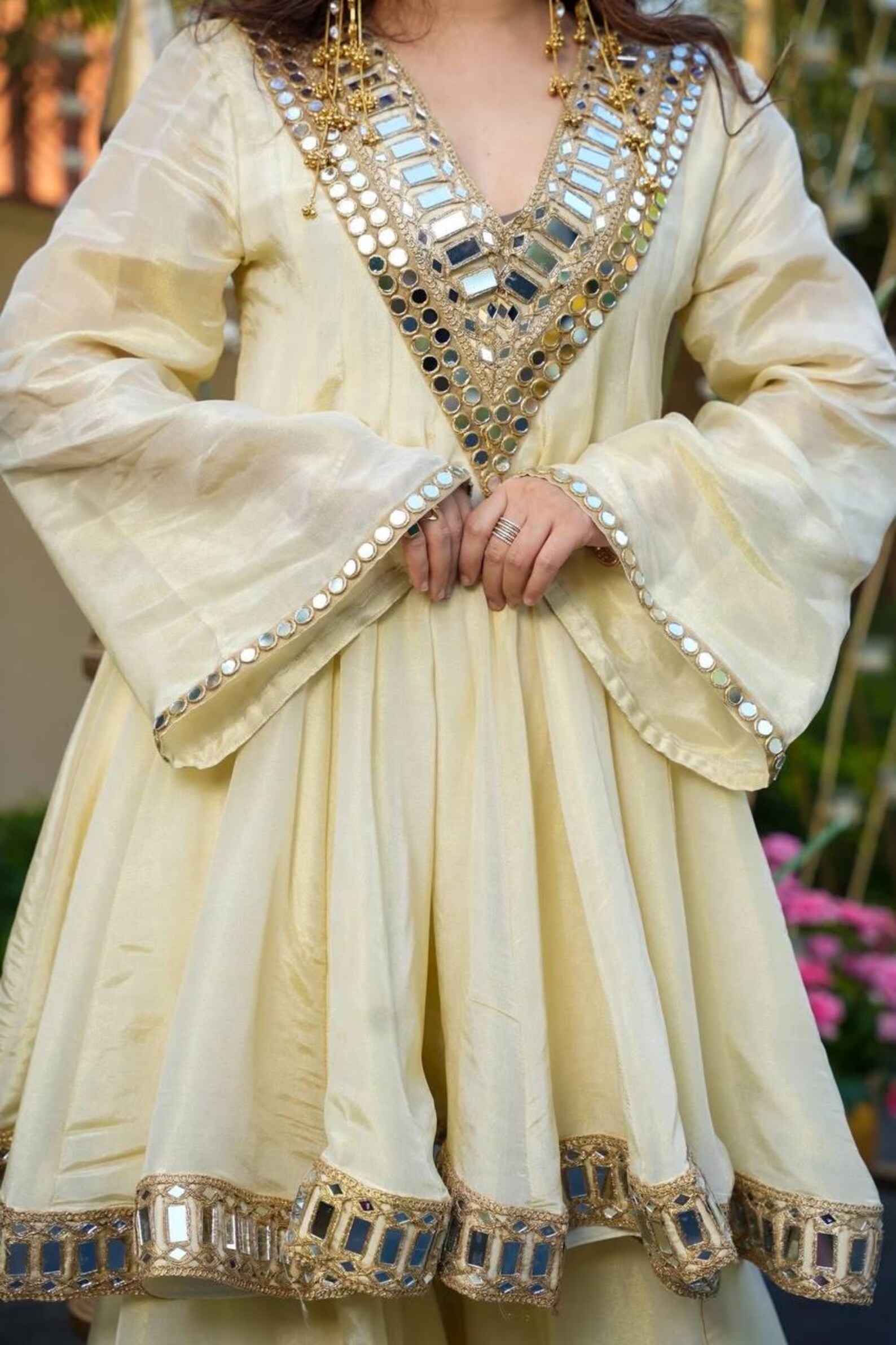 Real Mirror Work Sharara Suit | Cosmos Gold Jari Silk Anarkali Set ...