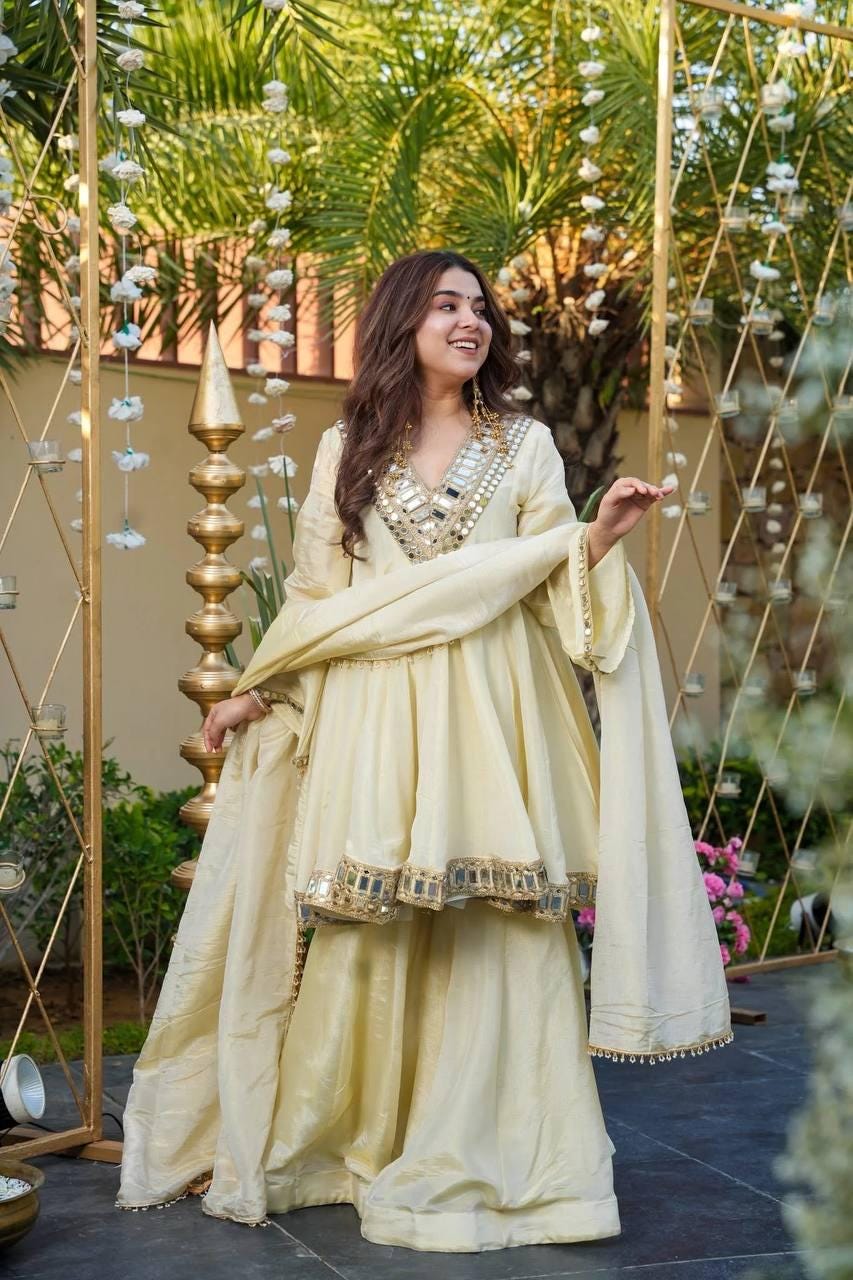 Real Mirror Work Sharara Suit | Cosmos Gold Jari Silk Anarkali Set ...
