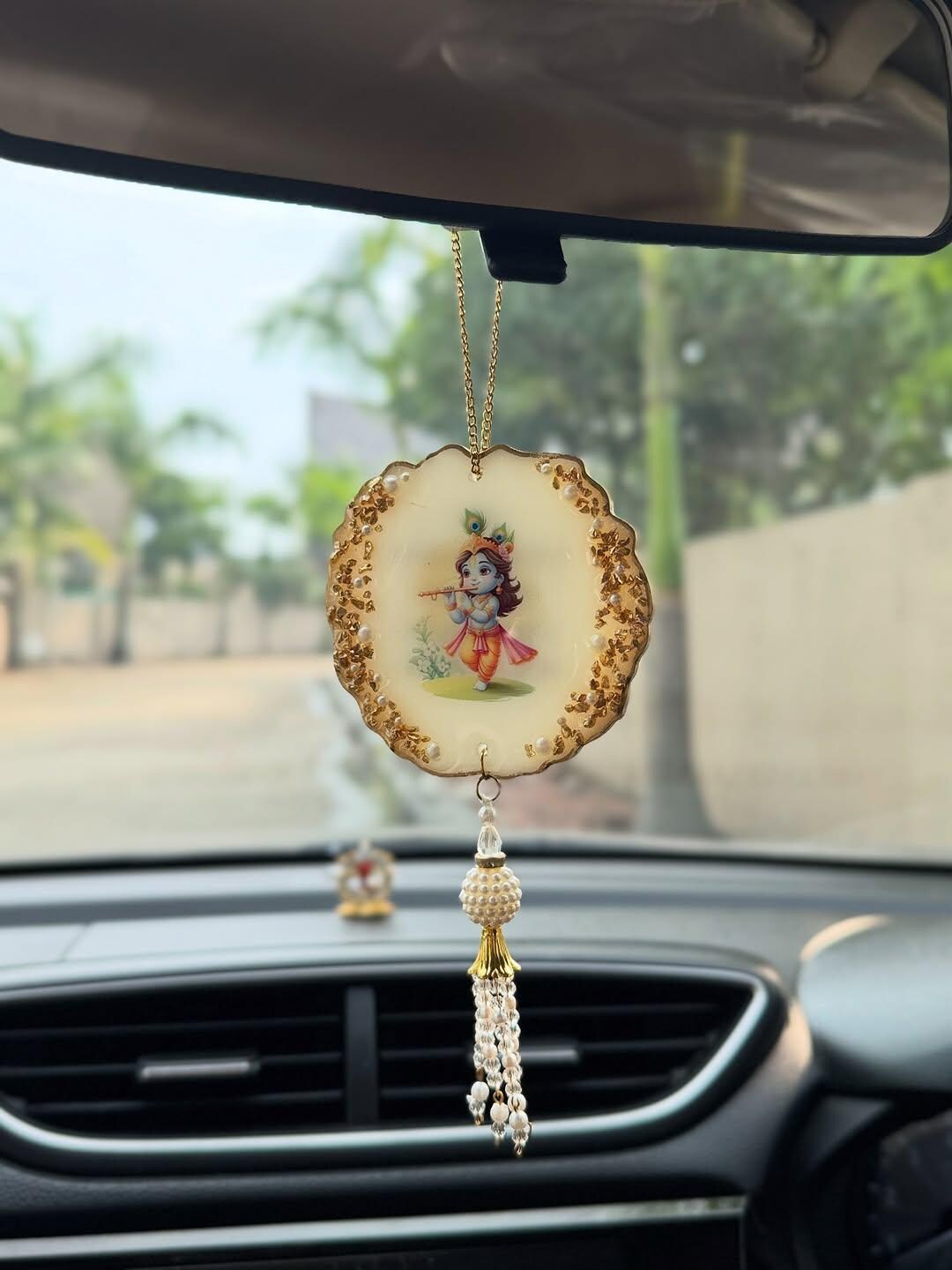 Handmade Krishna Car Charm – Gold Flake Resin, Pearl Tassel - Etsy