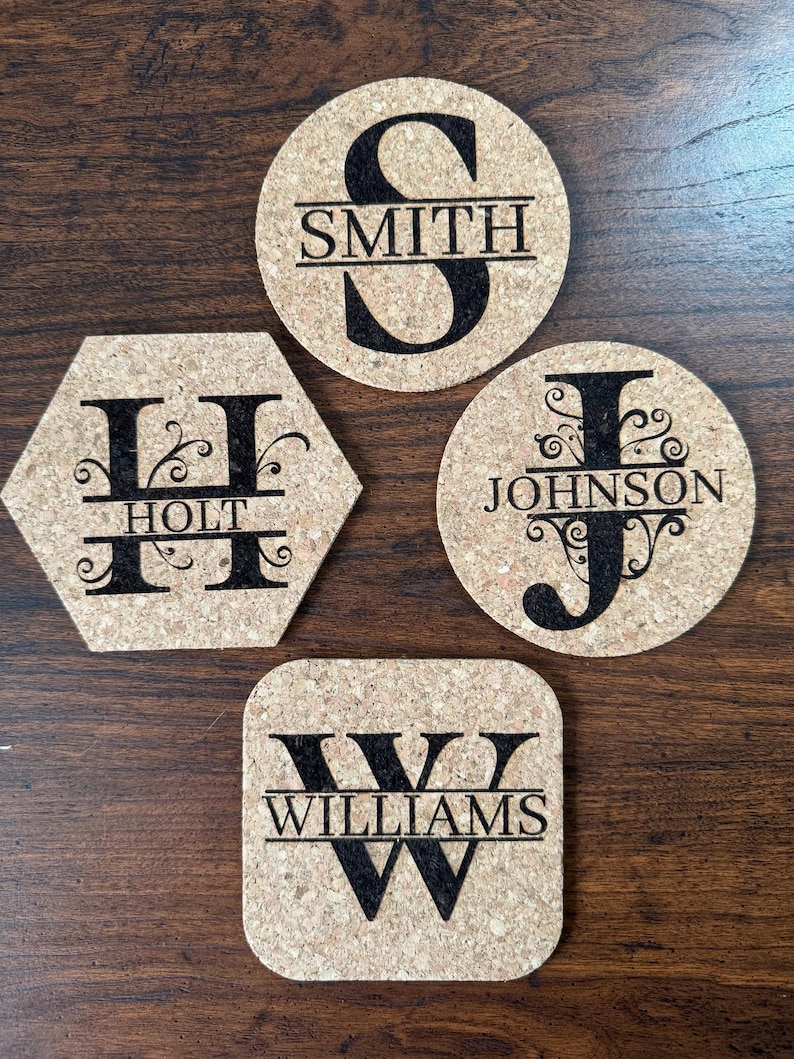 Monogrammed Cork Coasters Set of 4, Personalized Laser Engraved ...