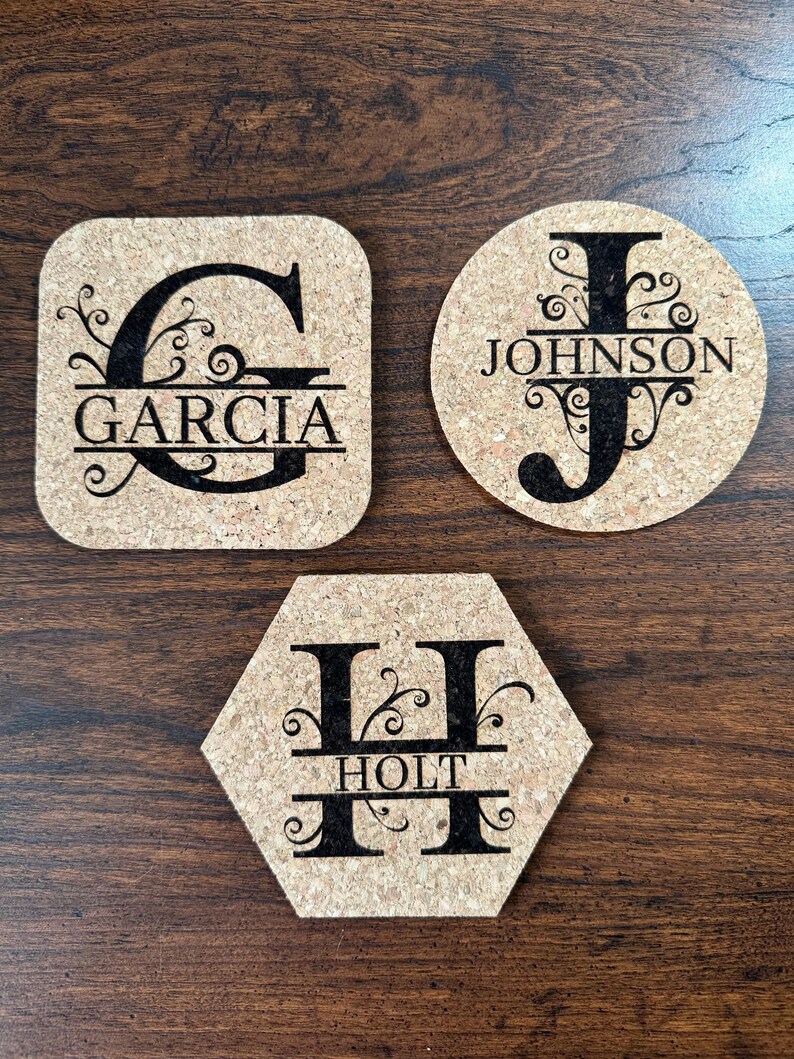 Monogrammed Cork Coasters Set of 4, Personalized Laser Engraved ...