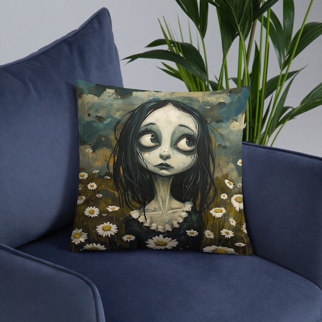 Melancholy Girl Art Pillow With Floral Daisies Decorative Cushion for ...