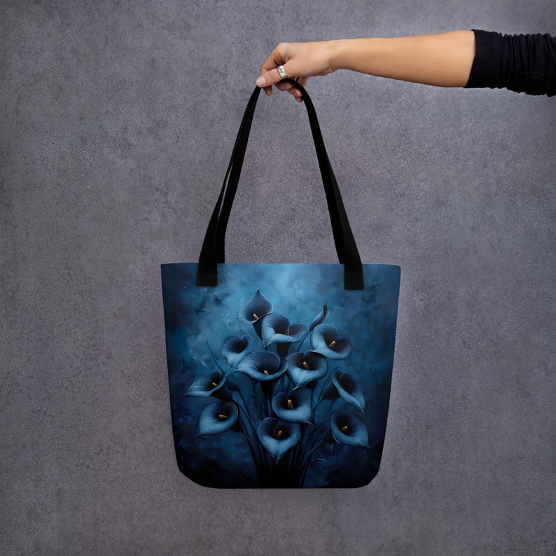 Calla Lily Tote Bag - Dark Floral Shoulder Bag - Blue Flower School Bag ...