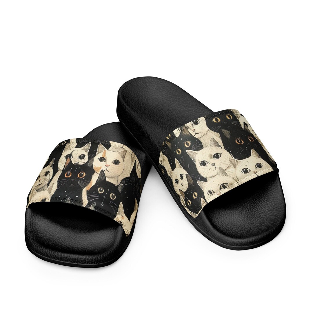 Black and White Cat Slides Cat Sandals With Black Cat Art Summer Flip ...