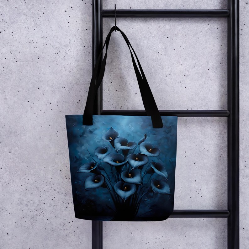 Calla Lily Tote Bag - Dark Floral Shoulder Bag - Blue Flower School Bag ...