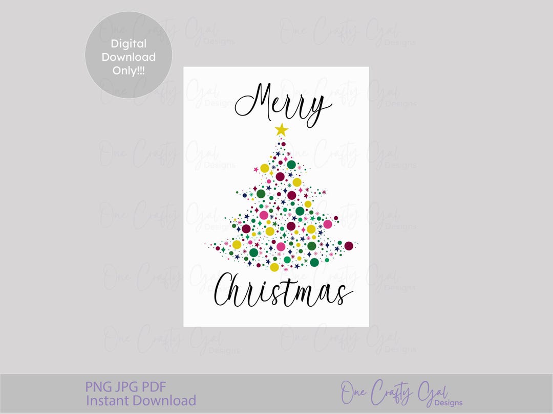 Holiday Printable Card, Dotted Christmas Tree, Colorful Ornaments (PNG ...
