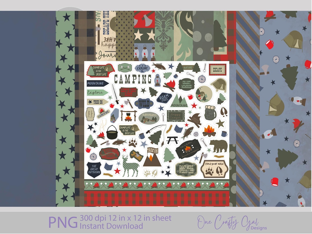 Camping Digital Scrapbook Kit, Nature Stickers, Adventure Papers (PNG ...