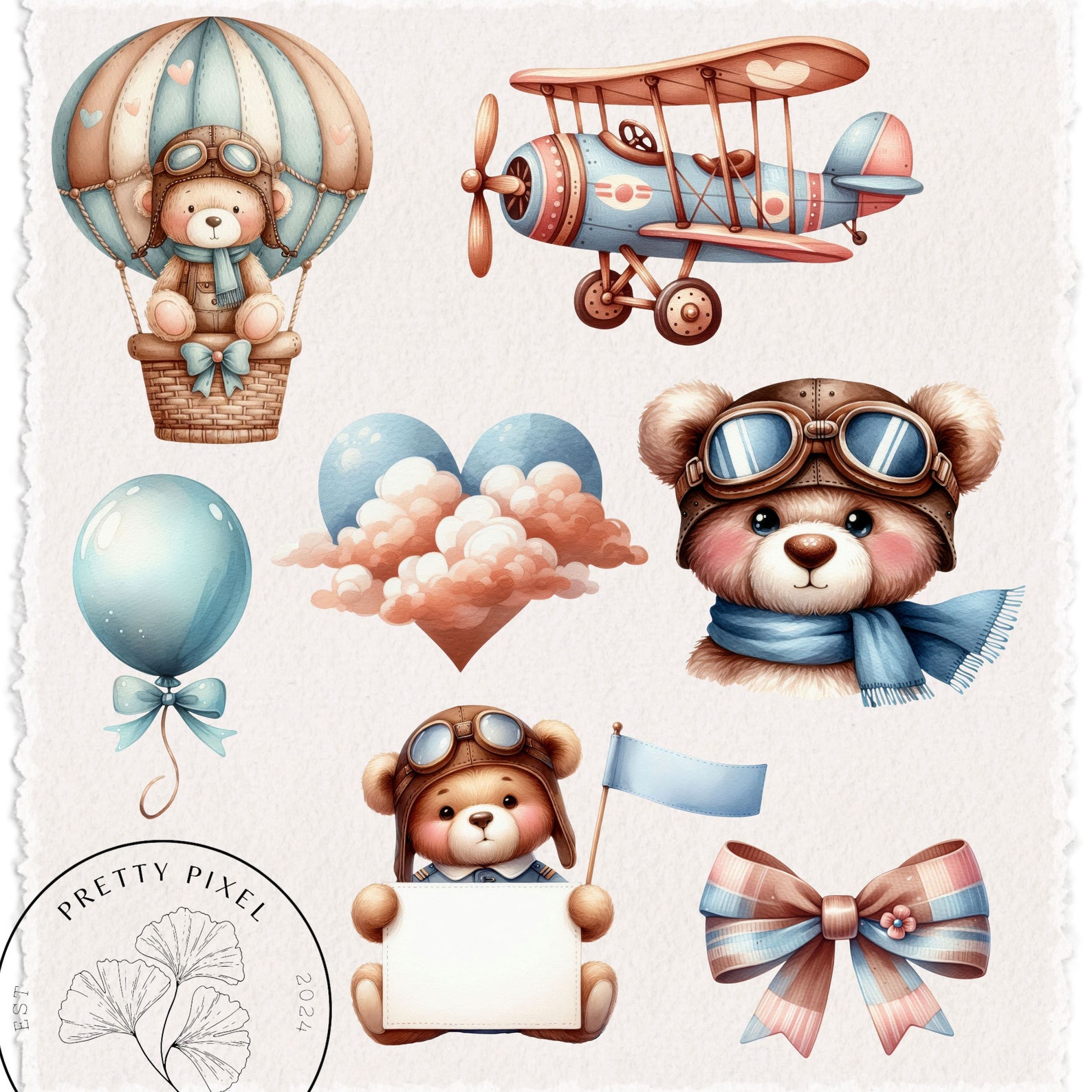 Pilot Teddy Clipart, Nursery Wall Art, Watercolor Clip Art, Airport ...