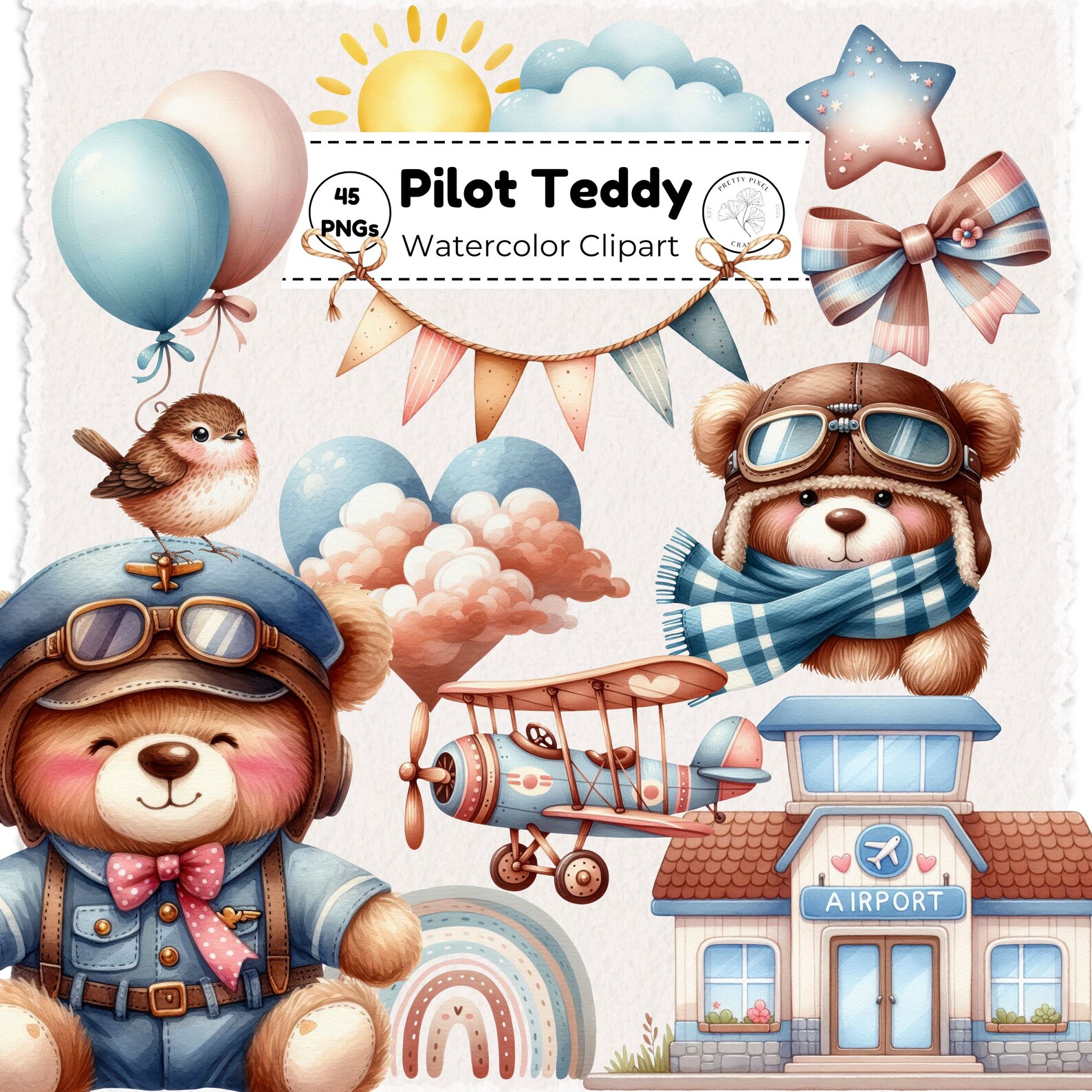 Pilot Teddy Clipart, Nursery Wall Art, Watercolor Clip Art, Airport ...