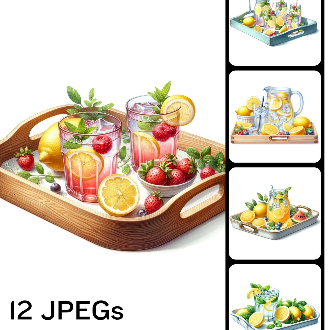 Watercolor Lemonade Tray Images, 12 JPEG Files, Summer Drink, Lemonade ...