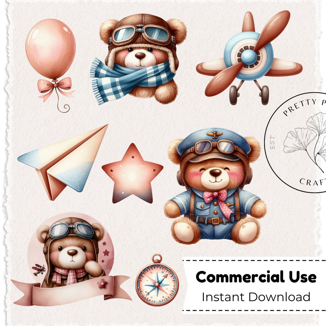 Pilot Teddy Clipart, Nursery Wall Art, Watercolor Clip Art, Airport ...