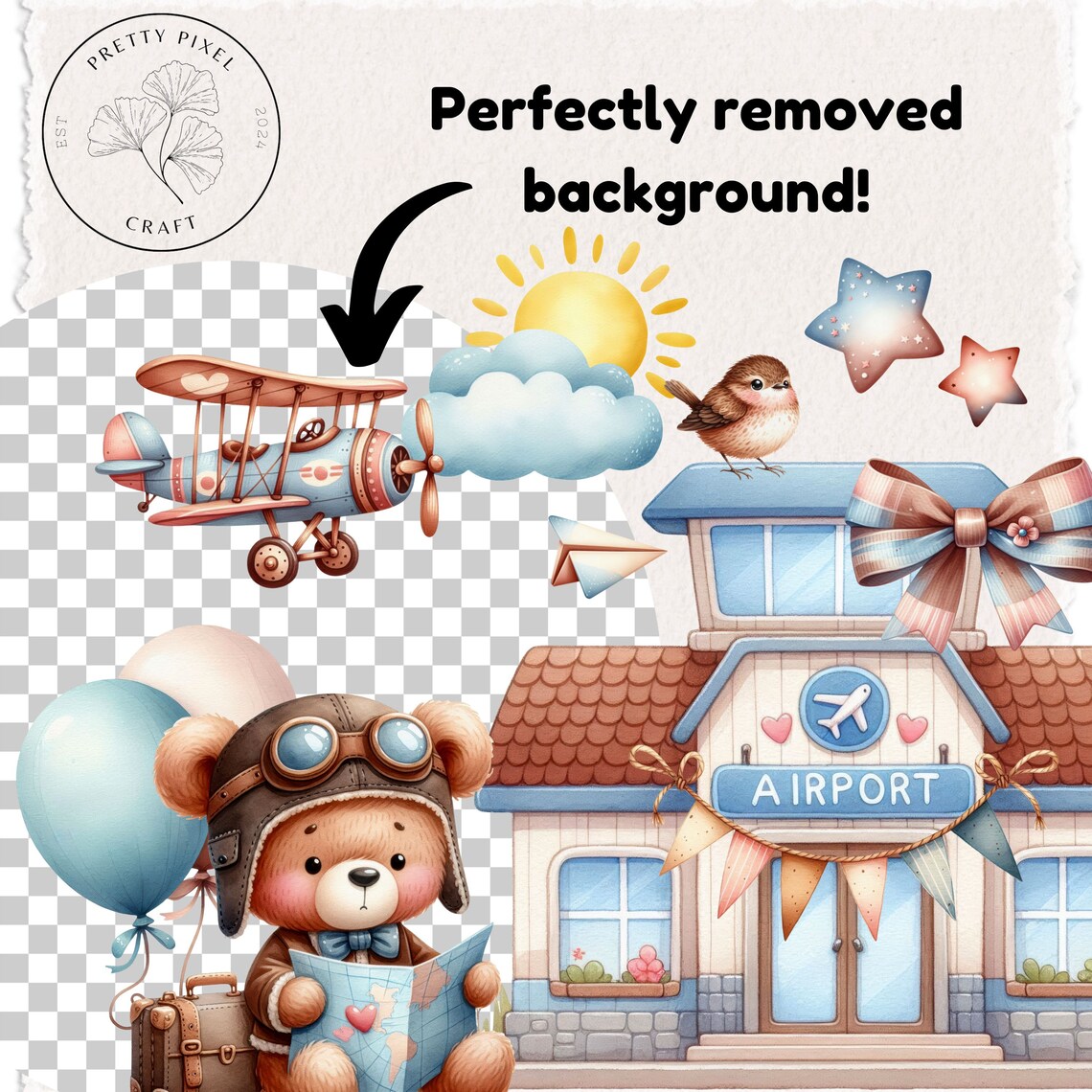 Pilot Teddy Clipart, Nursery Wall Art, Watercolor Clip Art, Airport ...