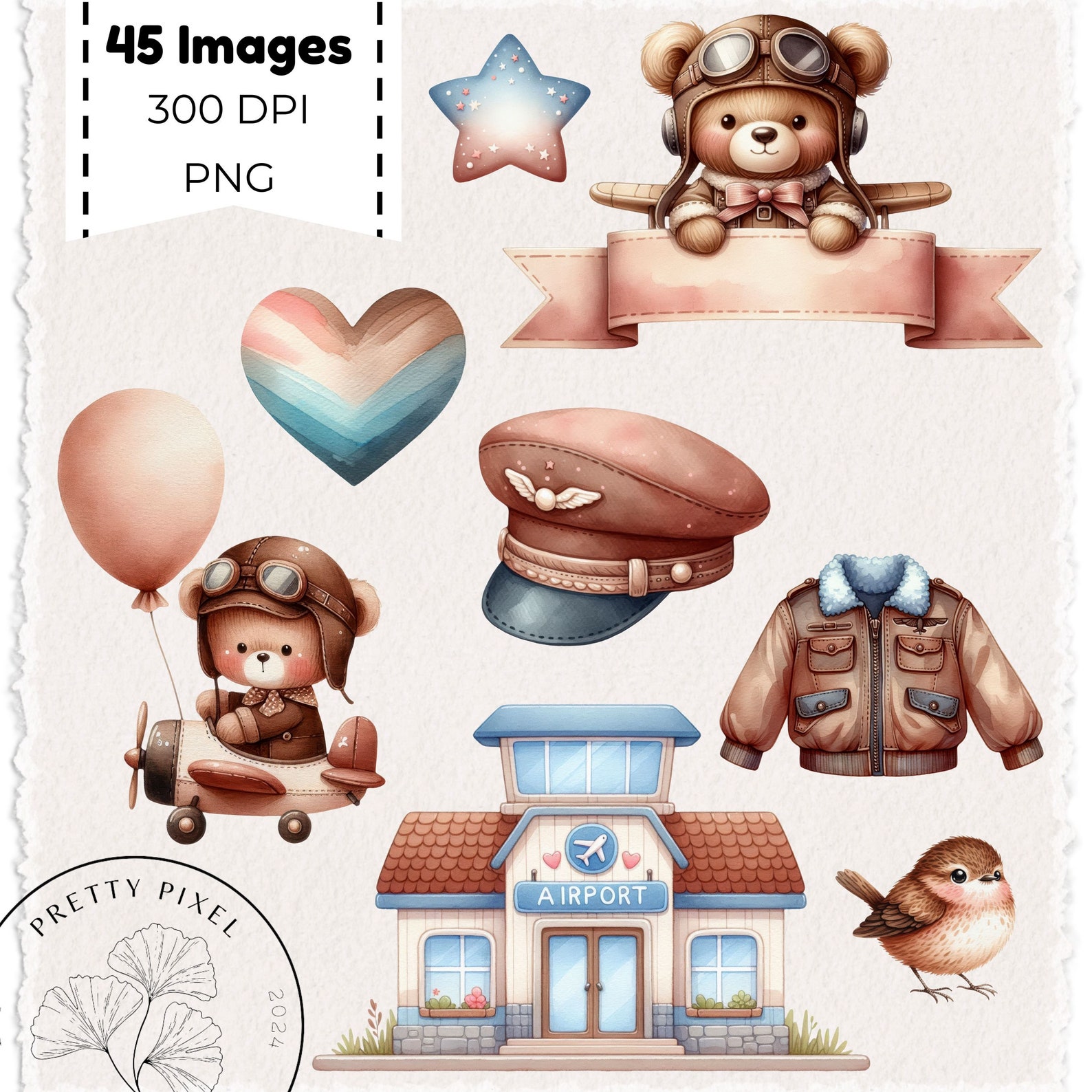 Pilot Teddy Clipart, Nursery Wall Art, Watercolor Clip Art, Airport ...