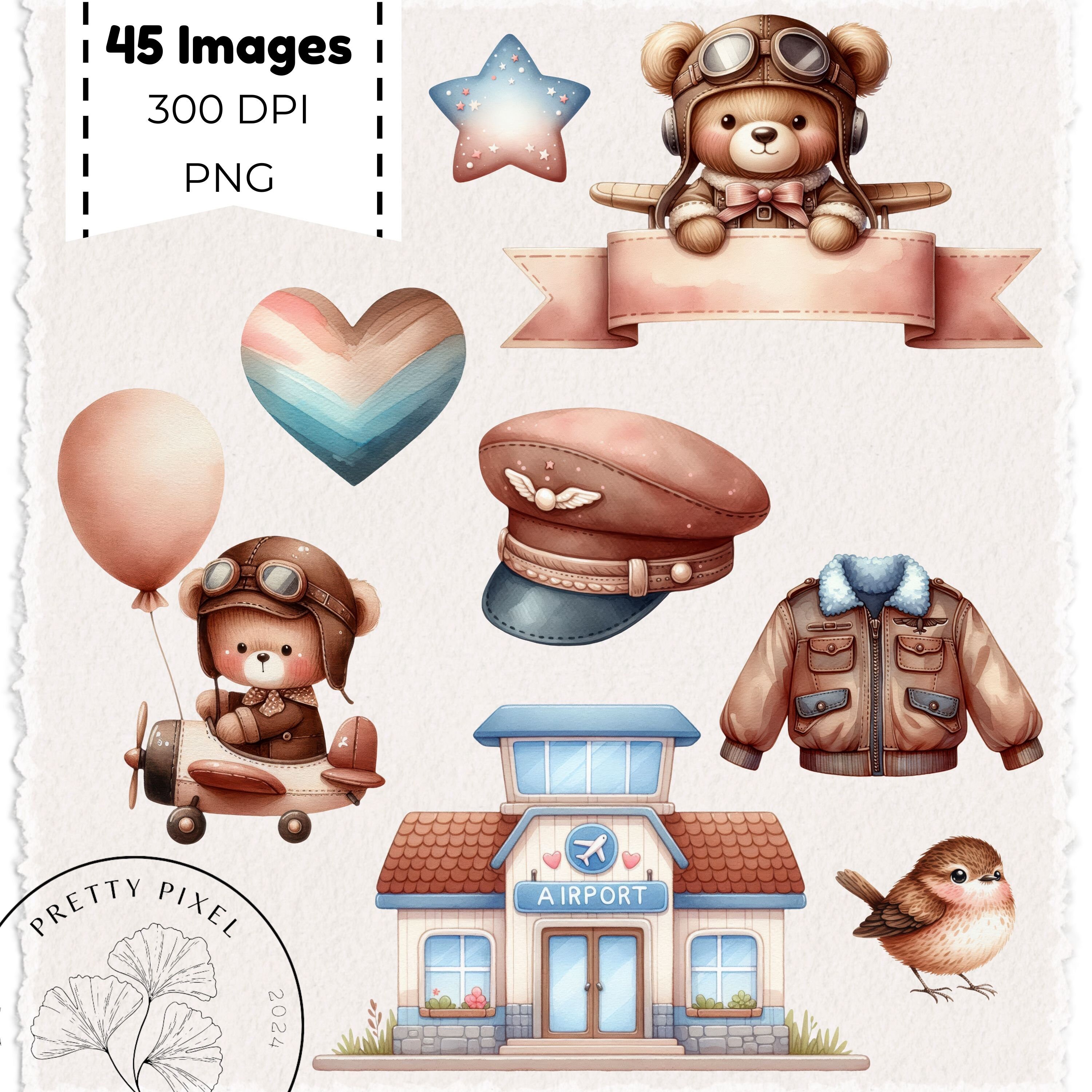 Pilot Teddy Clipart, Nursery Wall Art, Watercolor Clip Art, Airport ...