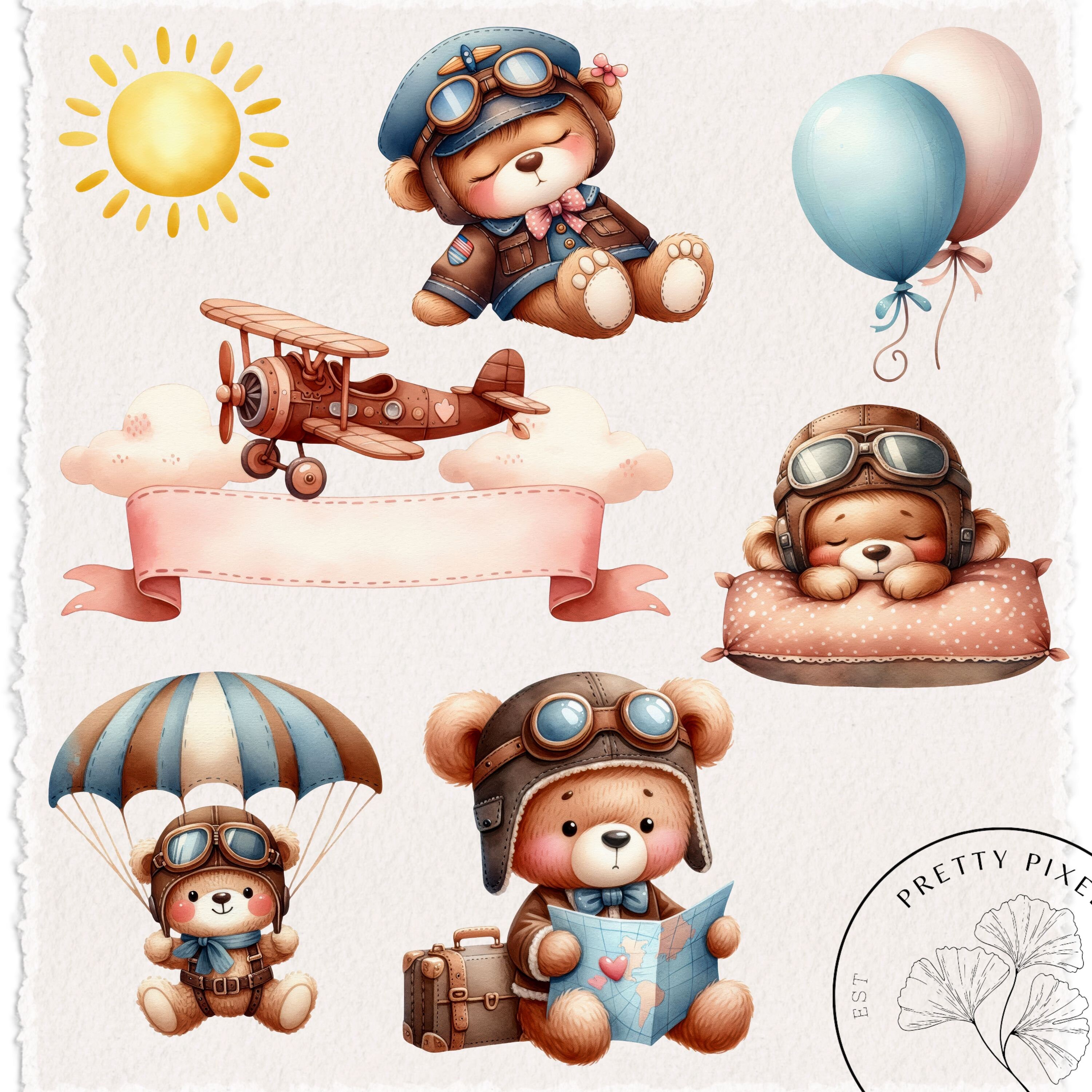 Pilot Teddy Clipart, Nursery Wall Art, Watercolor Clip Art, Airport ...