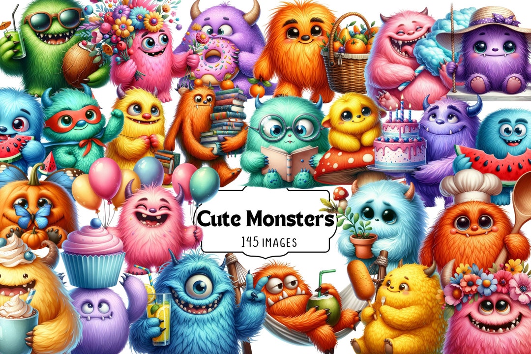 Cute Monsters Clipart - Adorable Cartoon Monster PNG Set, Kawaii ...