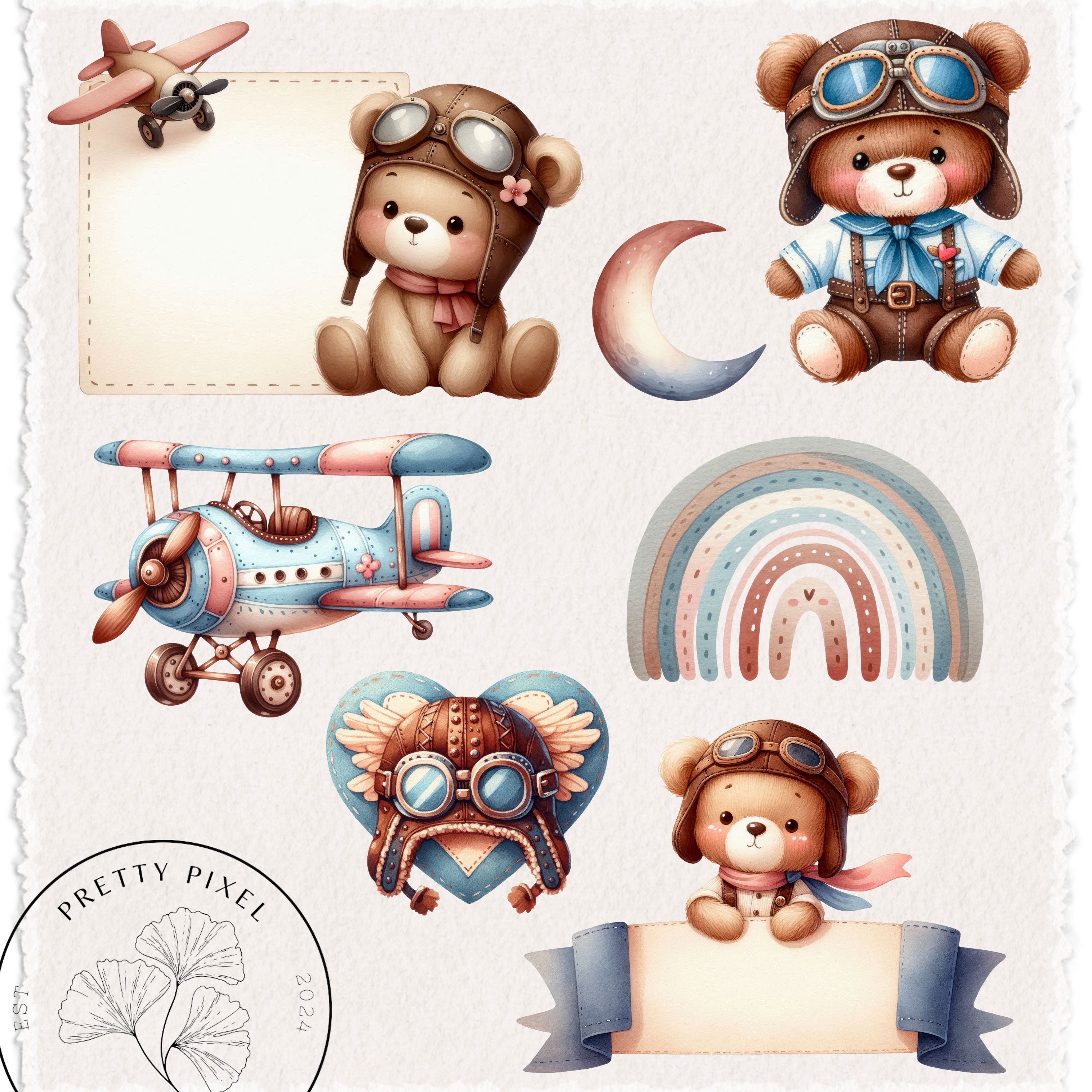 Pilot Teddy Clipart, Nursery Wall Art, Watercolor Clip Art, Airport ...